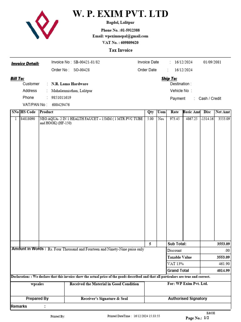 Inv 00421 - N.R.Lama Hardware | PDF | Invoice | Value Added Tax