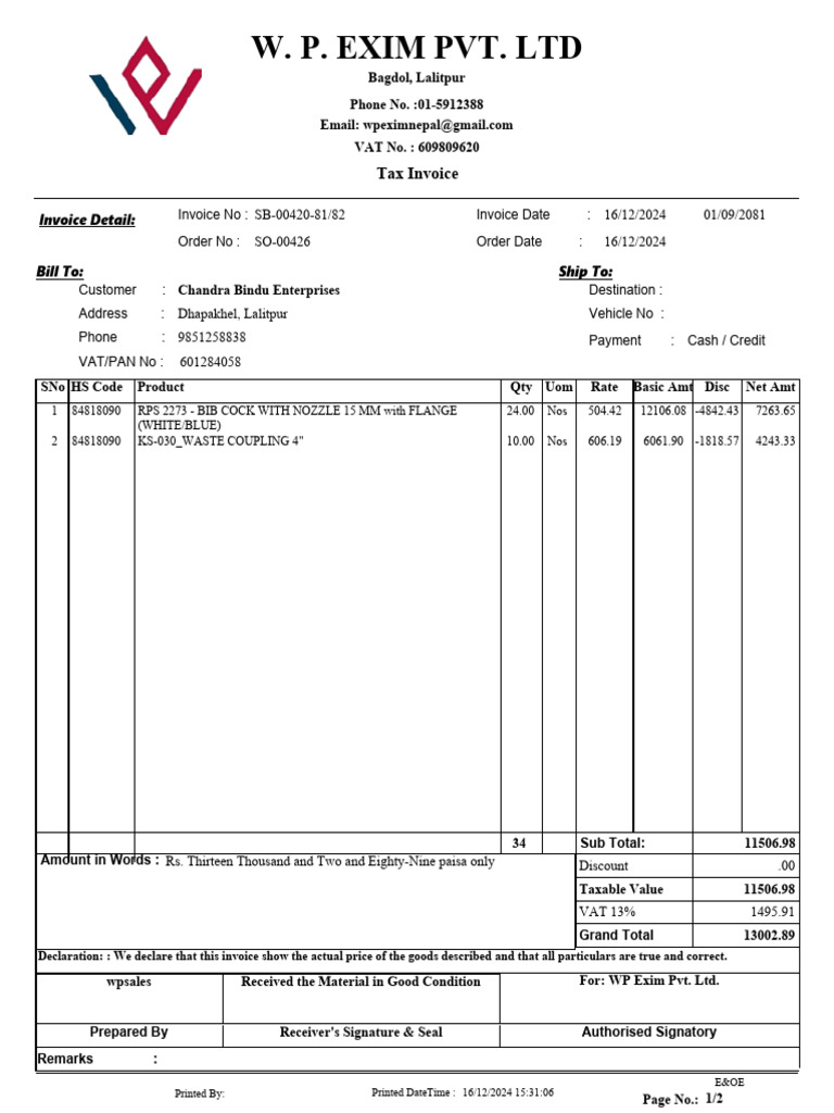 Inv 00420 - Chandra Bindu Enterprise | PDF | Invoice | Value Added Tax