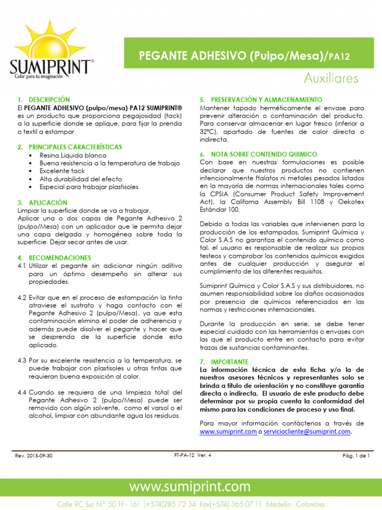 Ficha Tecnica Pegante Adhesivo Pdf Materiales Química