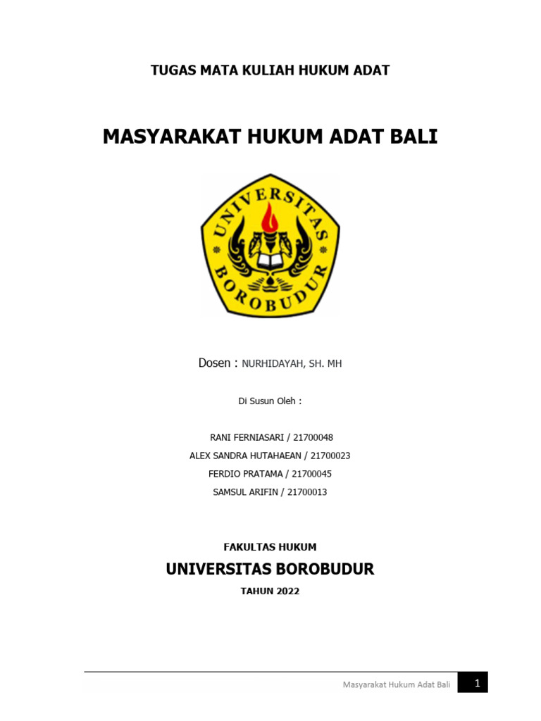 Tugas Kelompok (Masyarakat Hukum Adat Bali) | PDF