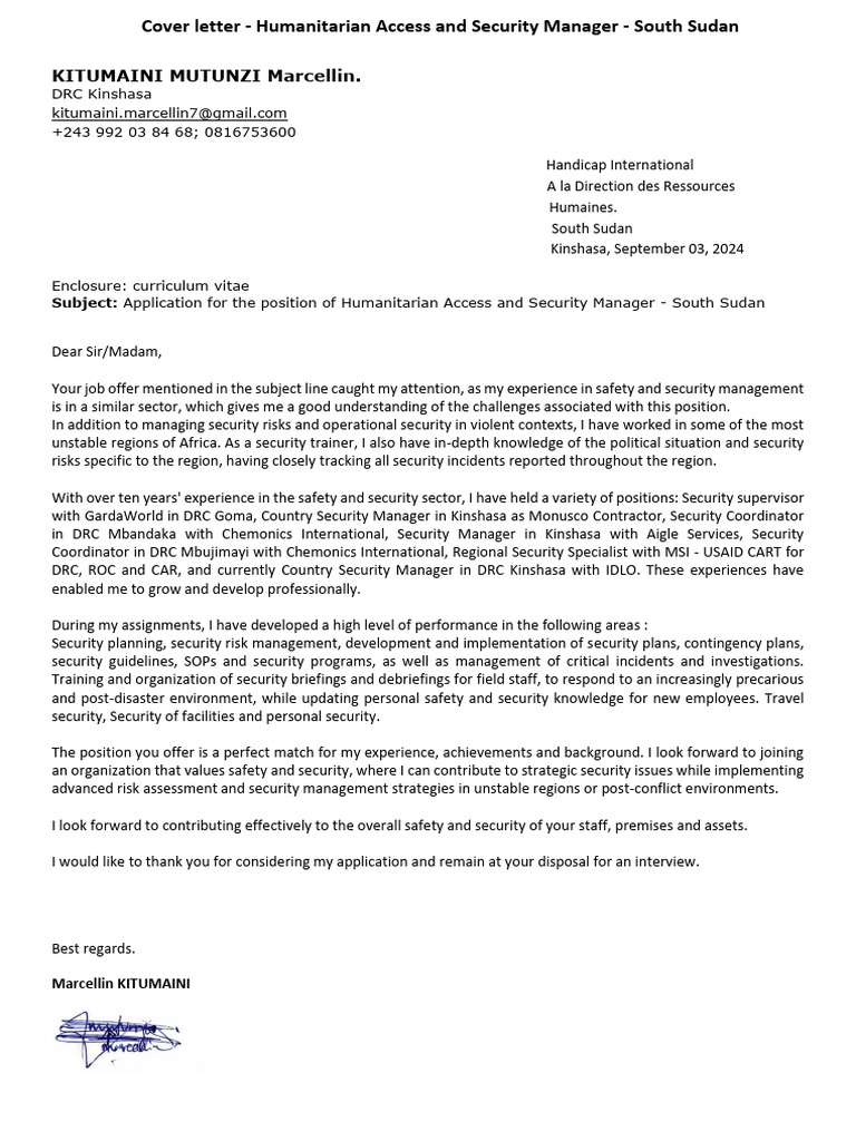Cover Letter - KITUMAINI MUTUNZI Marcellin - Humanitarian Access and ...