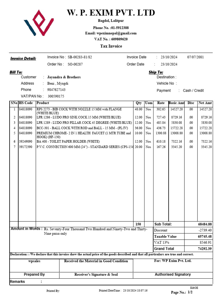 Inv 00283 - Jayandra & Brothers | PDF | Invoice | Taxes
