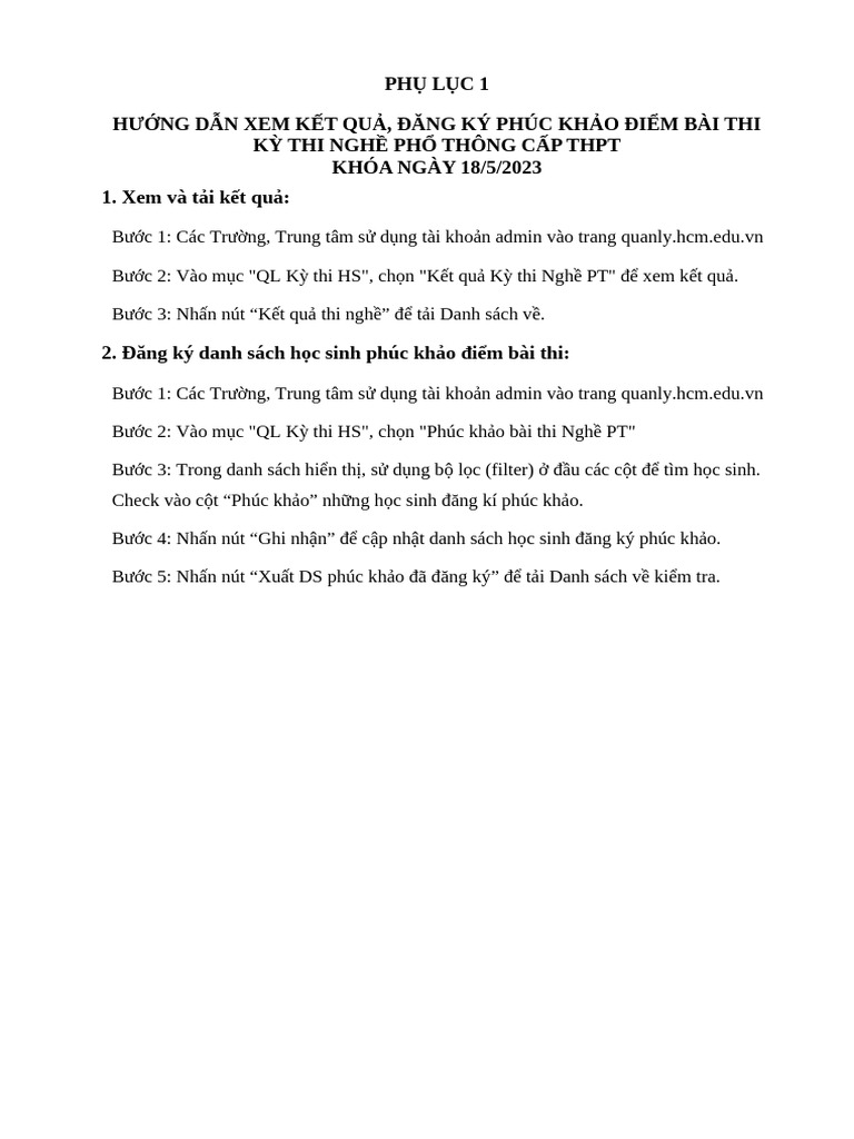 Cong Bo Ket Qua Thi Nghe Thpt Nam Hoc 2022 2023 Phu Luc 257202385534 | PDF