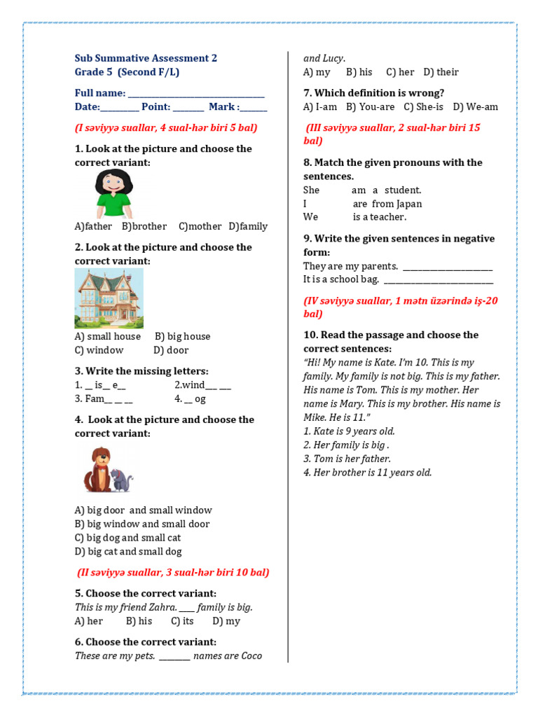 Grade 5 Sub Sum.2 (2-Ci X.D Vəfa Nurəli) - 1 | PDF | Linguistics | Syntax
