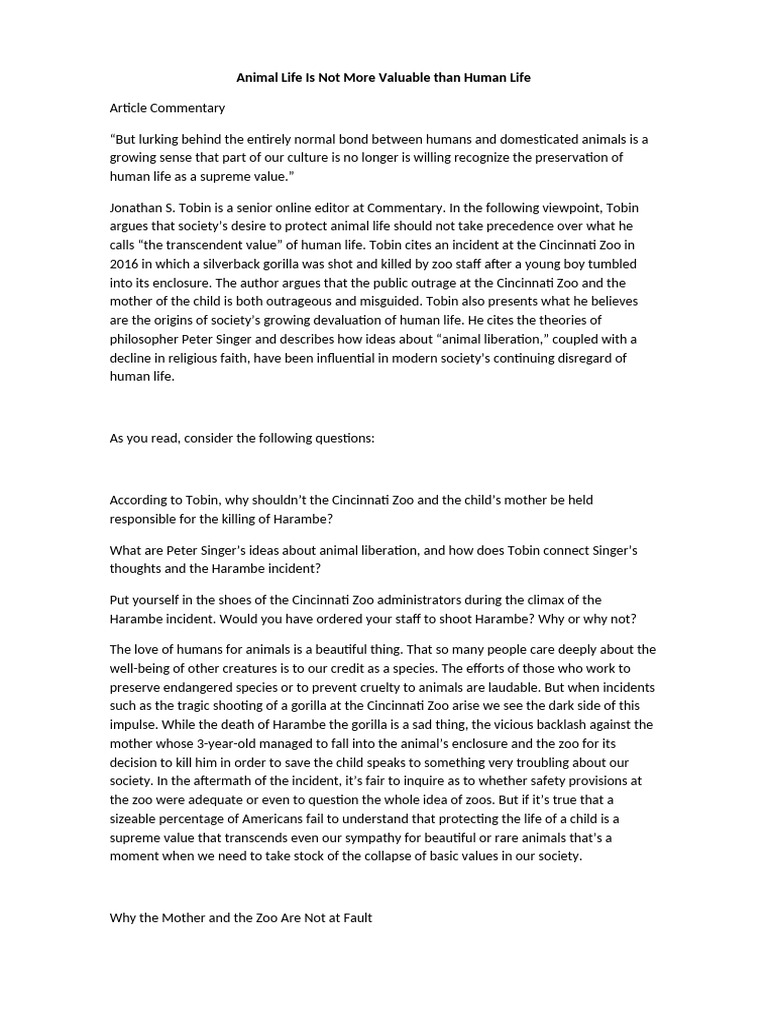 Animal Life Is Not More Valuable Than Human Life | PDF