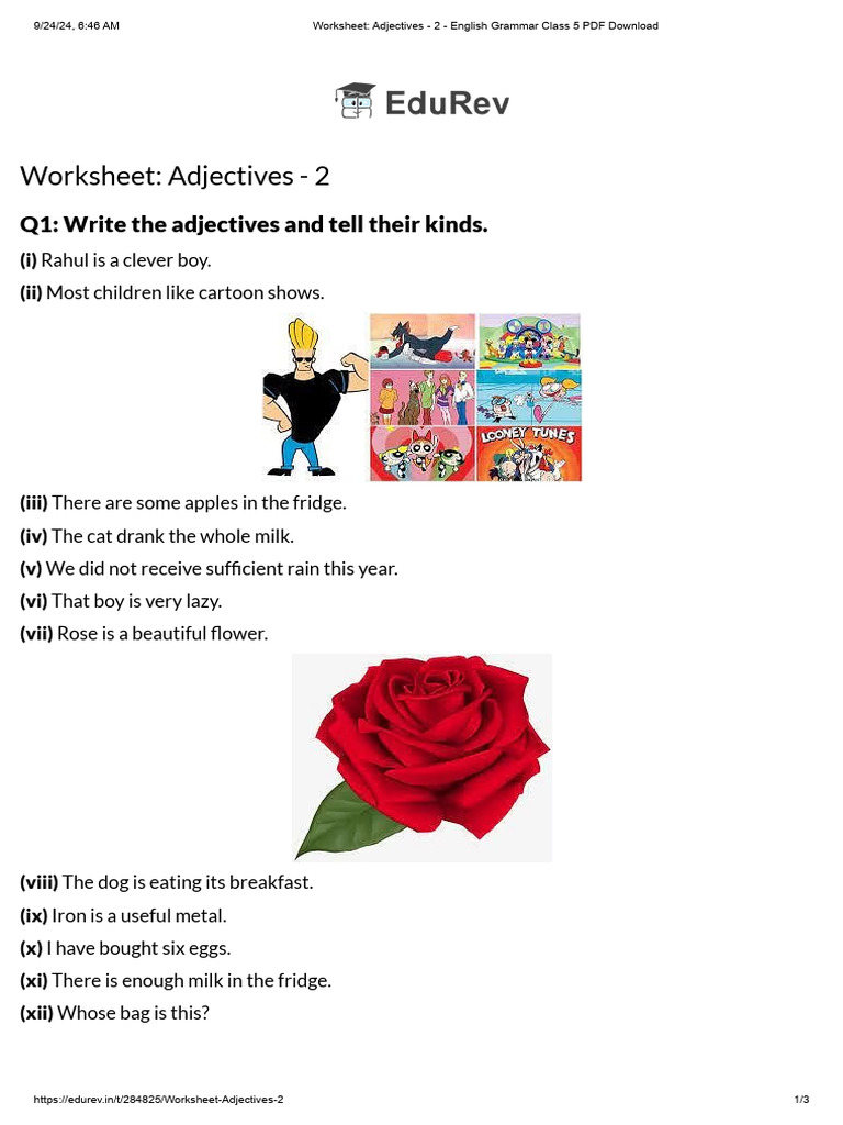 Worksheet - Adjectives - 2 - English Grammar Class 5 PDF Download | PDF