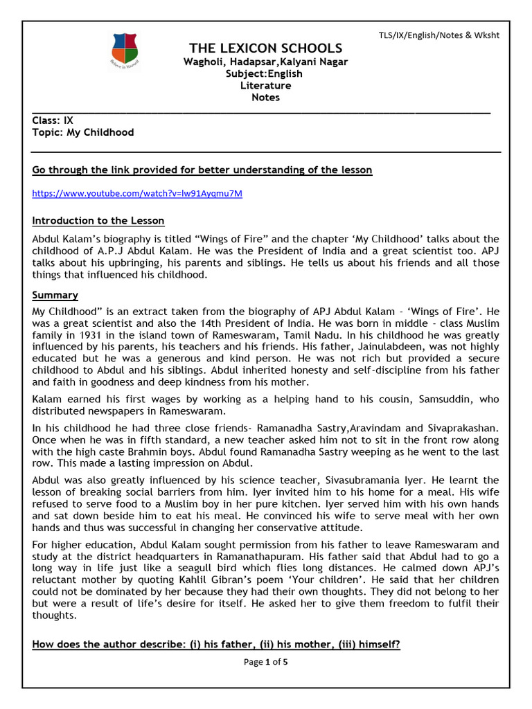 13 - TLS - IX - English - My Childhood - Notes & Worksheet | PDF