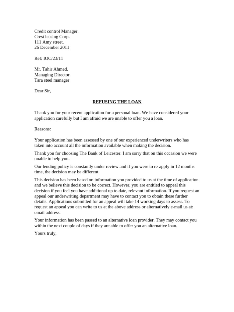 Loan Application Rejection Letter | PDF