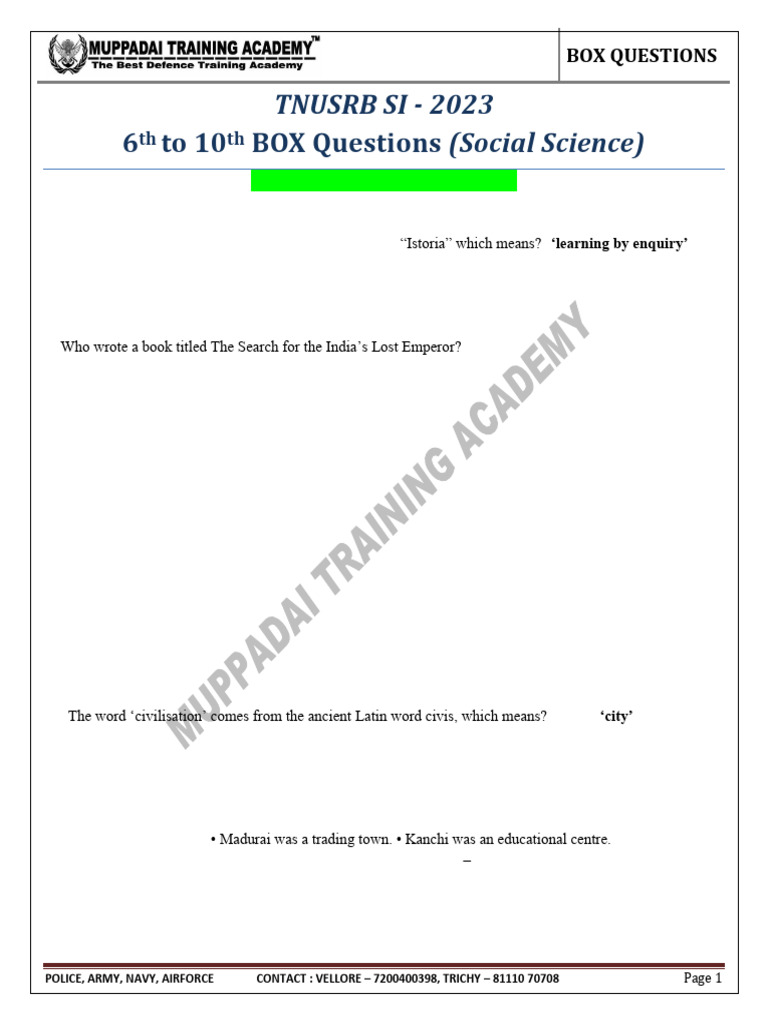 6th to 10th Social Science Box Questions | PDF