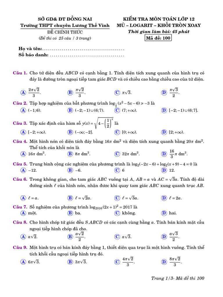 De Kiem Tra Toan 12 Mu Logarit Khoi Tron Xoay Truong THPT Chuyen Luong The Vinh Dong Nai | PDF