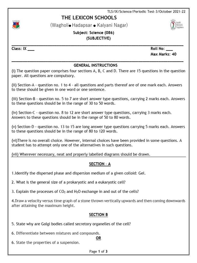 Class IX Science Periodic Test Paper | PDF | Chemical Substances ...