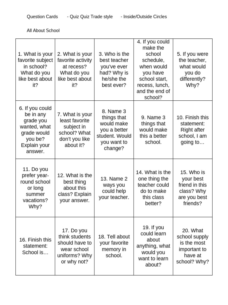 Question Cards - Quiz Quiz Trade Style - Inside/Outside Circles All ...