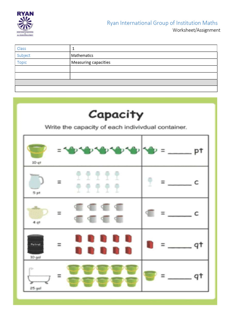 Maths Worksheet Measuring Capacities Pdf