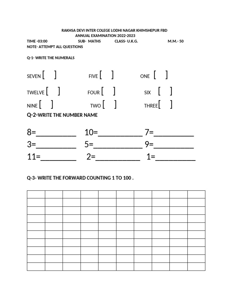 UKG Maths Annual Exam Paper 2022-23 | PDF