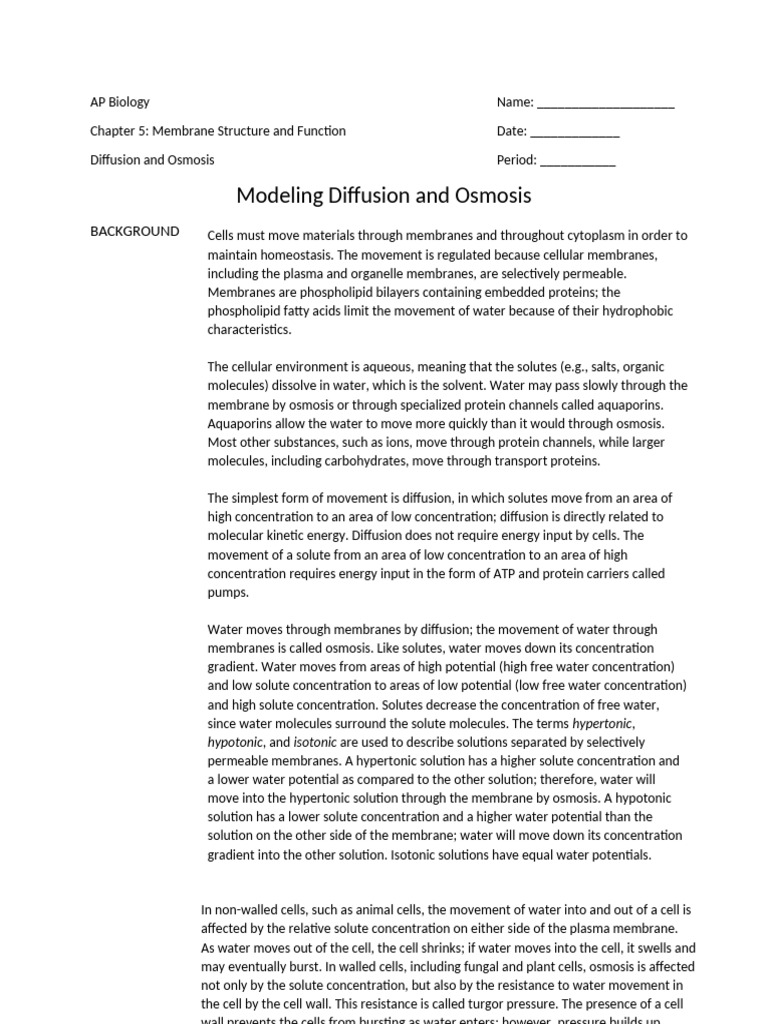Diffusion-Osmosis Lab | PDF | Osmosis | Cell Membrane