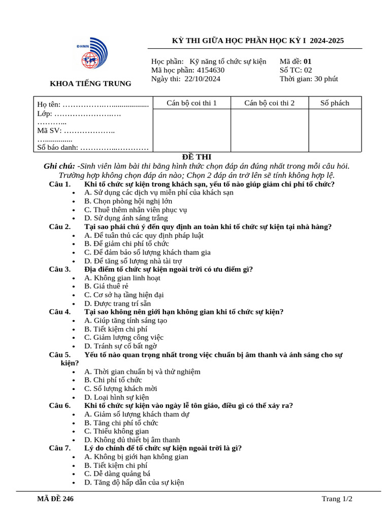 2024. CHÍNH QUY. DE THI 01.TCSK | PDF