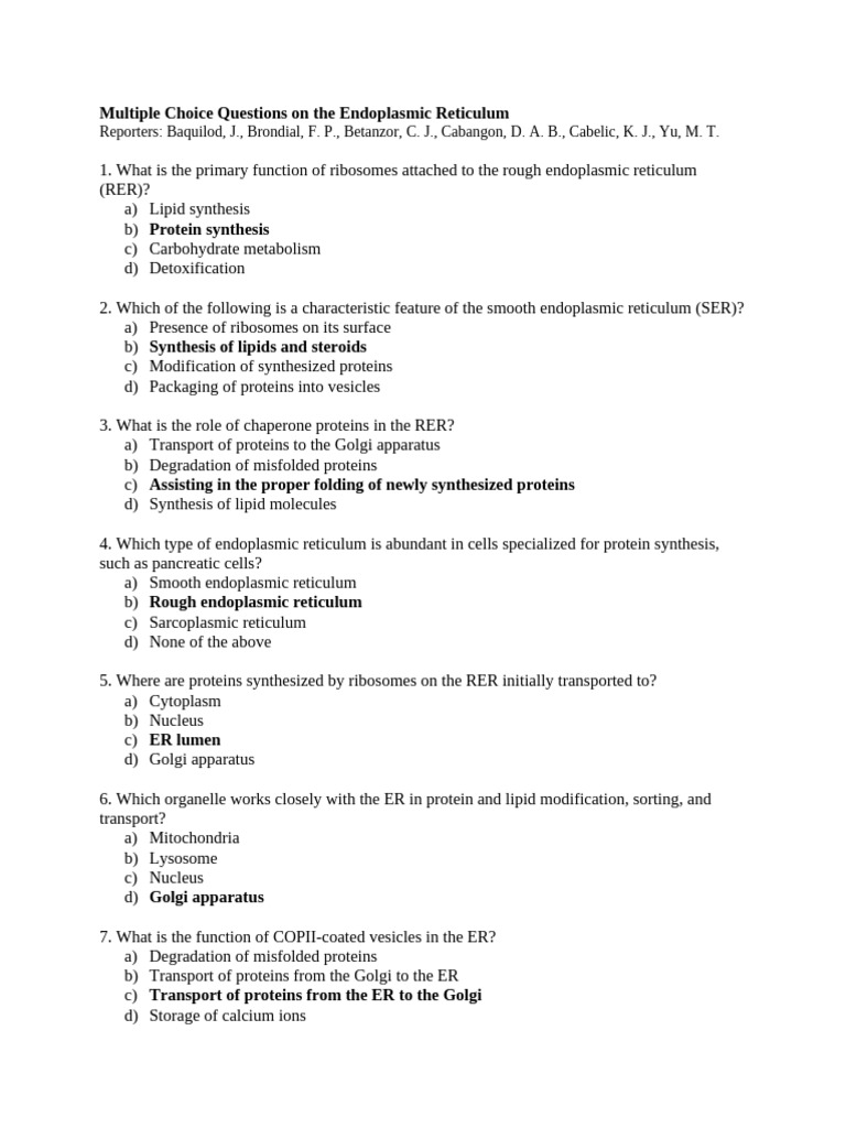Answer-Key-Multiple-Choice-Questions-on-the-Endoplasmic-Reticulum | PDF ...