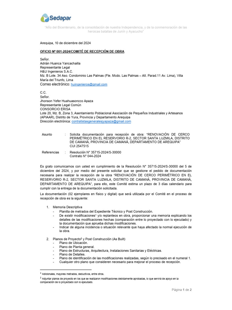 Oficio N°001-2024 Comite de Recepción - Pedido de Informacion para Recepcion | PDF