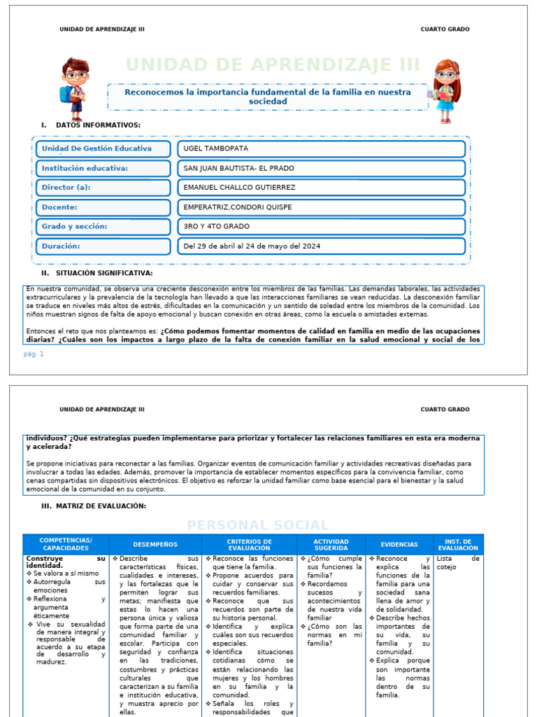 Unidad de Aprendizaje III - 2024 | PDF | Evaluación | Familia