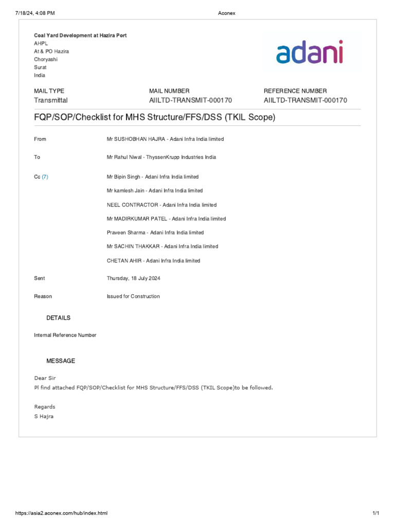 Aconex Transmittal - 180724 | PDF
