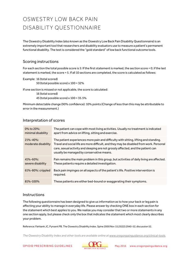 Oswestry Low Back Pain Disability Questionnaire | PDF | Low Back Pain ...