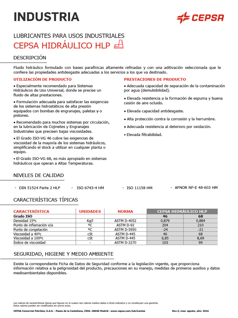 Cepsa Hidráulico HLP 05 2020 | PDF | Lubricante | Ingeniería mecánica