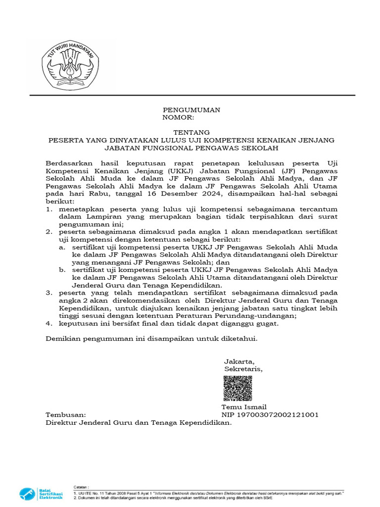 Pengumuman Kelulusan Peserta Uji Kompetensi Kenaikan Jenjang Jabatan Fungsional Pengawas Sekolah ...
