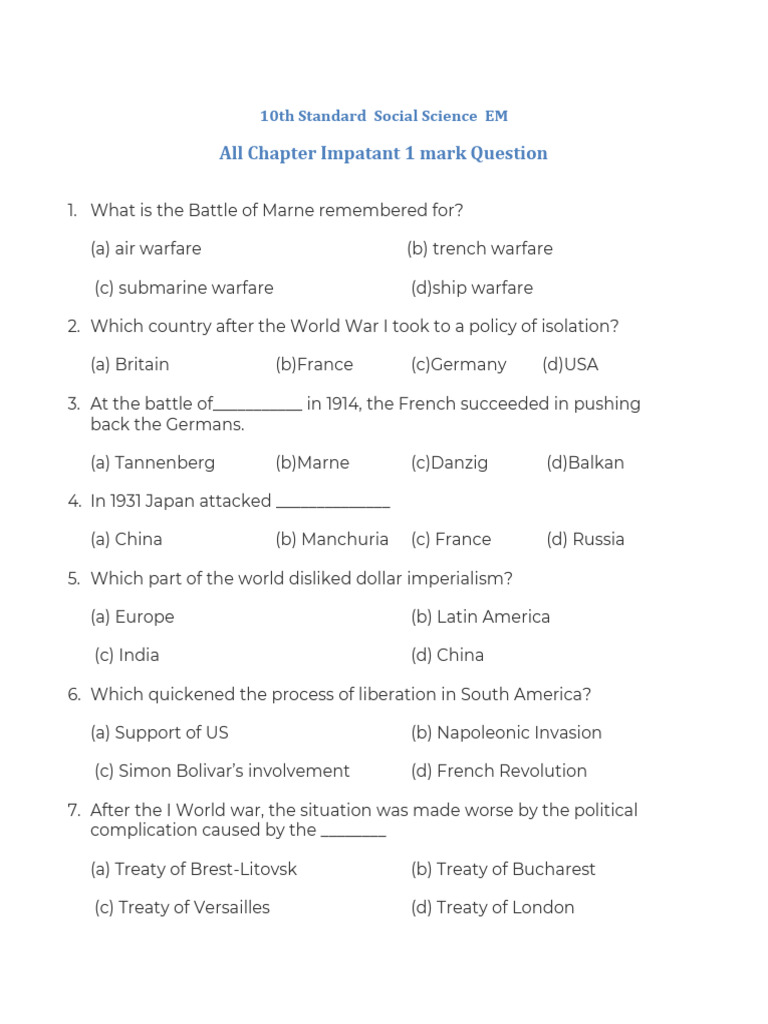 Social Science Quiz for 10th Grade | PDF | World War I