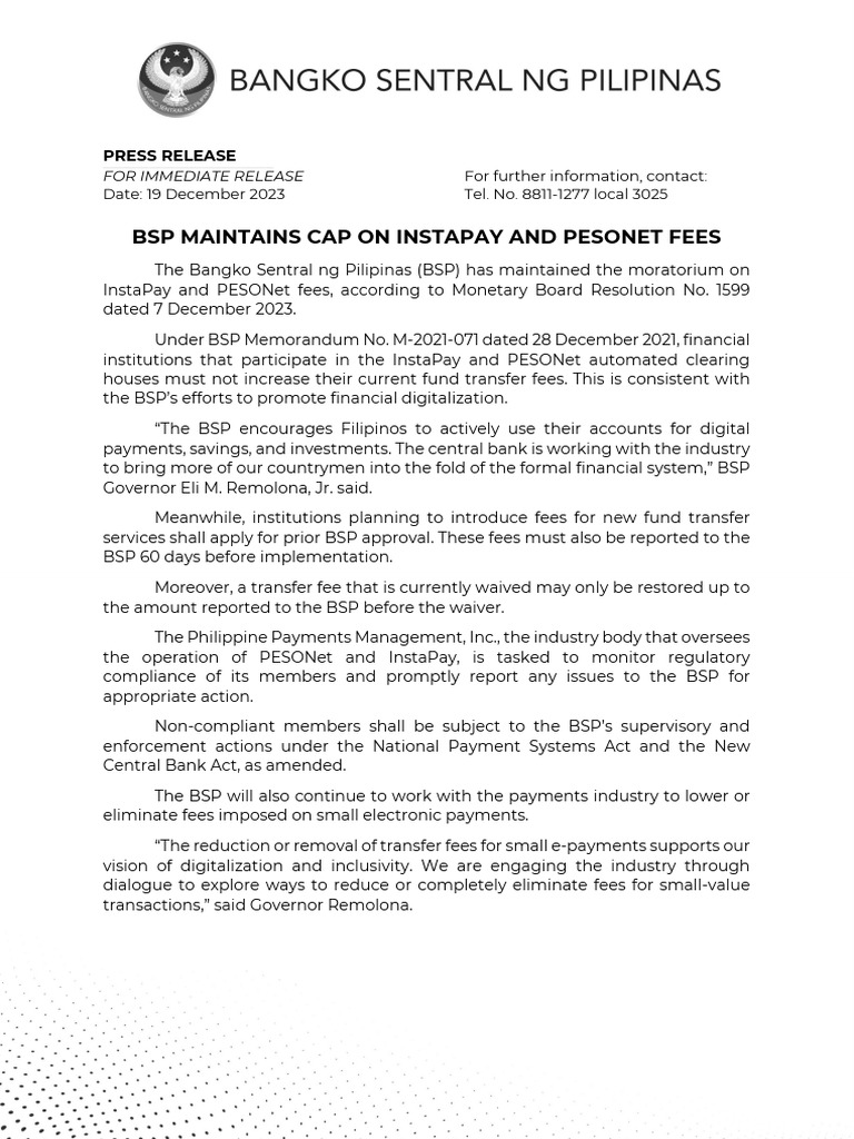 19 Dec 2023 - PR - BSP Maintains Cap On InstaPay and PESONet Fees | PDF ...