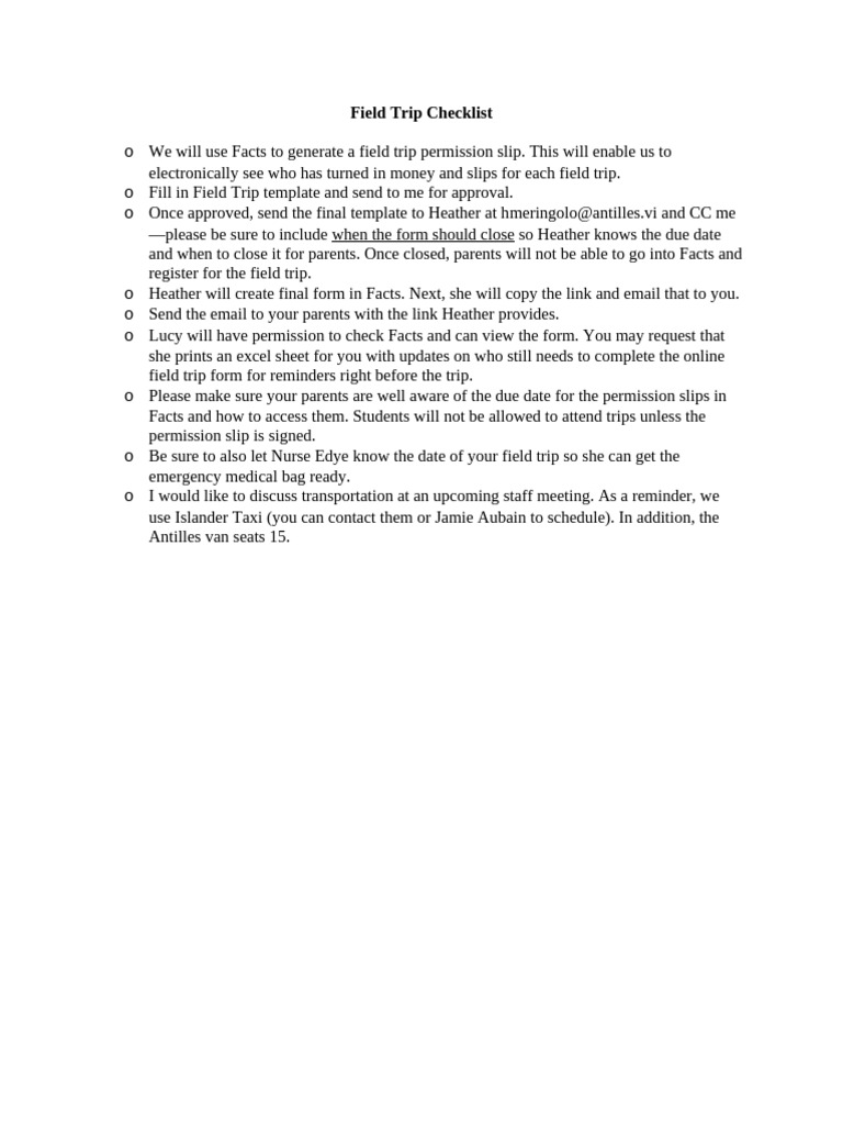 Field Trip Checklist | PDF