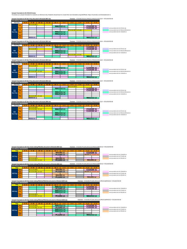 Sample Timetable For AY2425 Freshmen | PDF