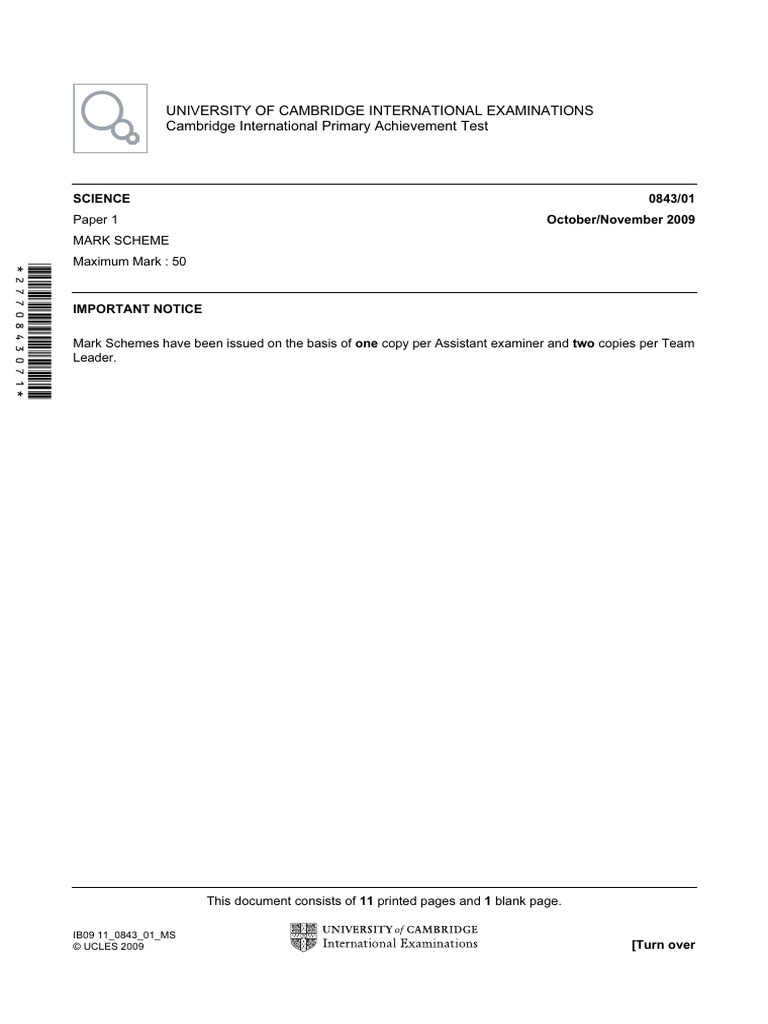 MS Primary Checkpoint - Science (0843) November 2009 Paper 1 | PDF