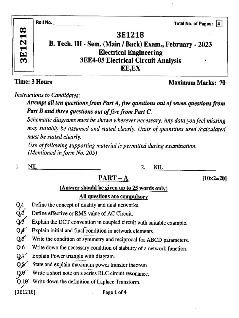 Btech Ee Ex 3 Sem Electrical Circuit Analysis 3e1218 Feb 2023 | PDF
