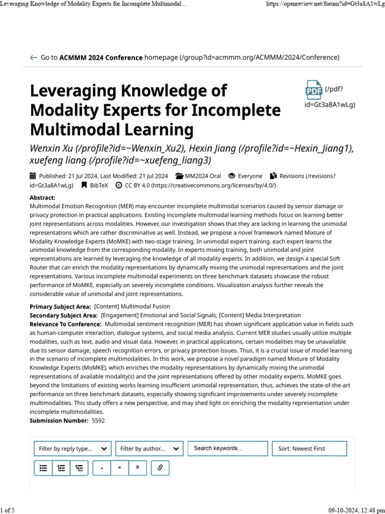 2024 Leveraging Knowledge of Modality Experts For Incomplete Multimodal Learning - OpenReview ...