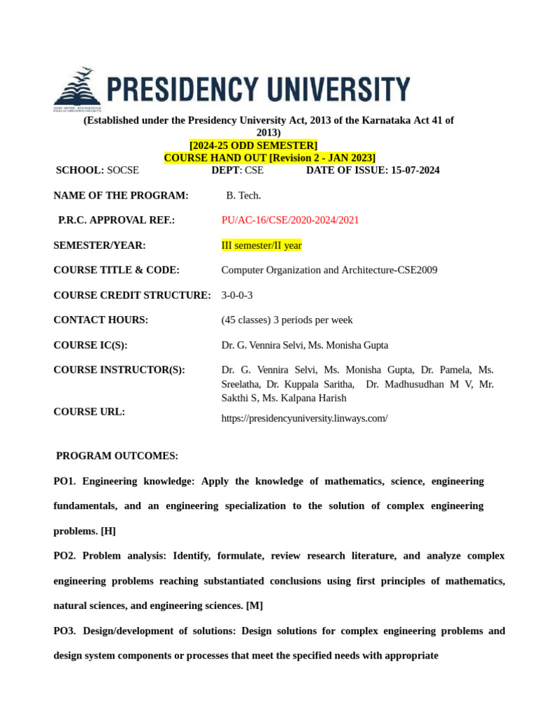 CSE2009 - Computer Organization and Architecture - COURSE HANDOUT | PDF | Engineering | Cpu Cache
