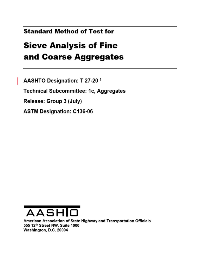 AASHTO T 27-20 Sieve Analysis of Fine and Coarse Aggregate | PDF