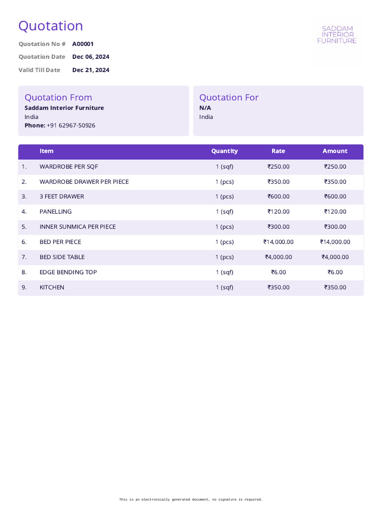 Quotation A00001 Saddam Interior Furniture Na | PDF