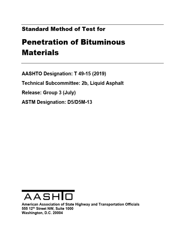 AASHTO T49-15 (2019) Standard Method of Test For Penetration of ...