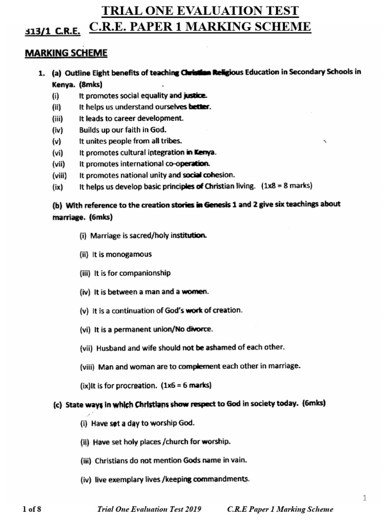 Cre Paper 1 Marking Scheme | PDF