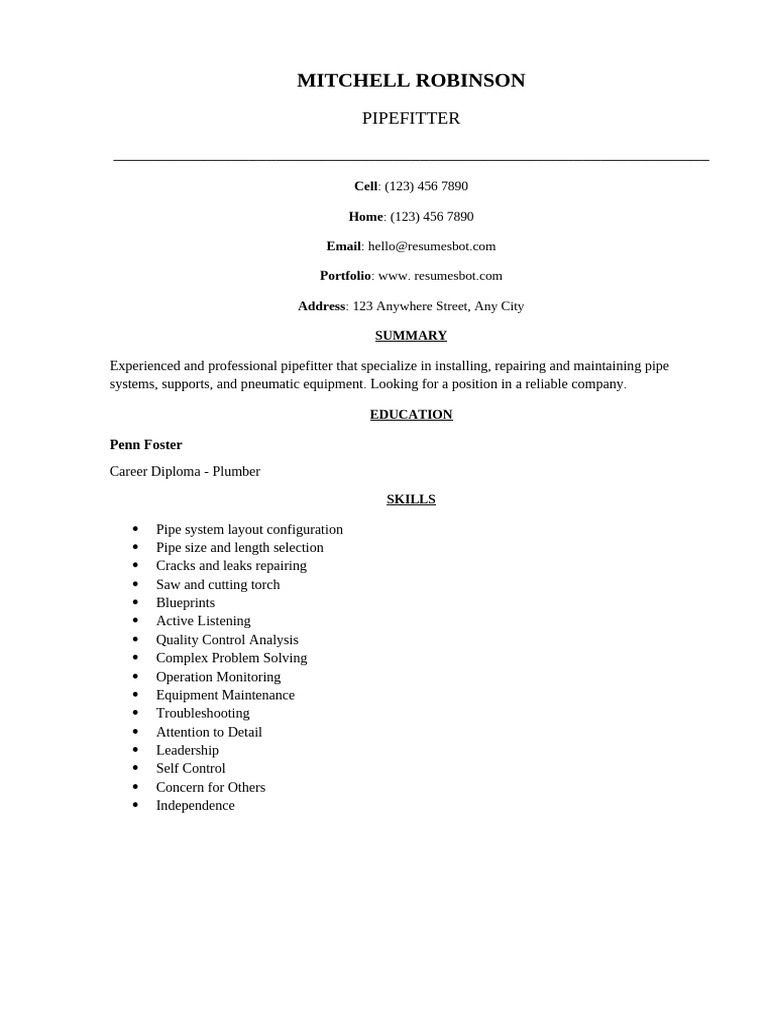 Pipefitter Resume Sample | PDF | Pipe (Fluid Conveyance) | Manufactured ...
