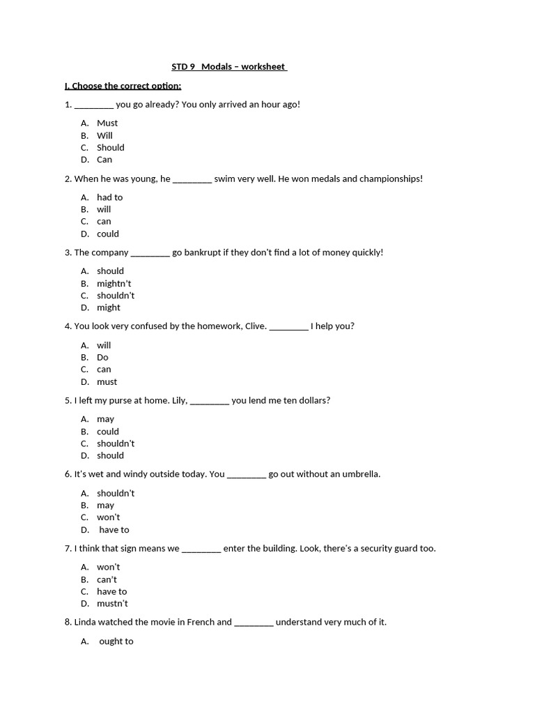 MODALS - Worksheet - Class 9 | PDF
