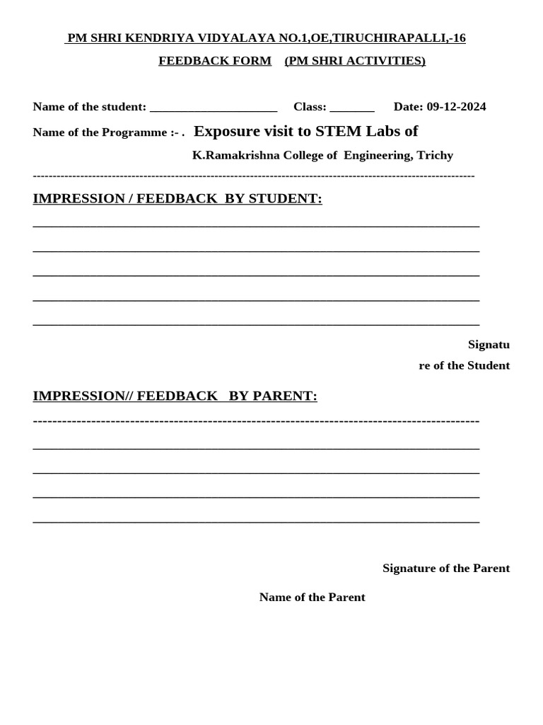 Feed Back Form For Exposure Visit | PDF