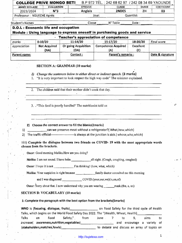 Devoir Anglais 2nde Ac Séquence 3 College Prive Mongo Beti 2023-2024 | PDF | Adolescence ...