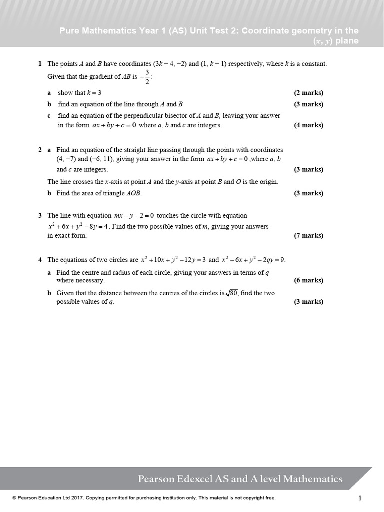 AS Pure Unit 2 Coordinate Geometry in The (X, Y) Plane QP | PDF ...