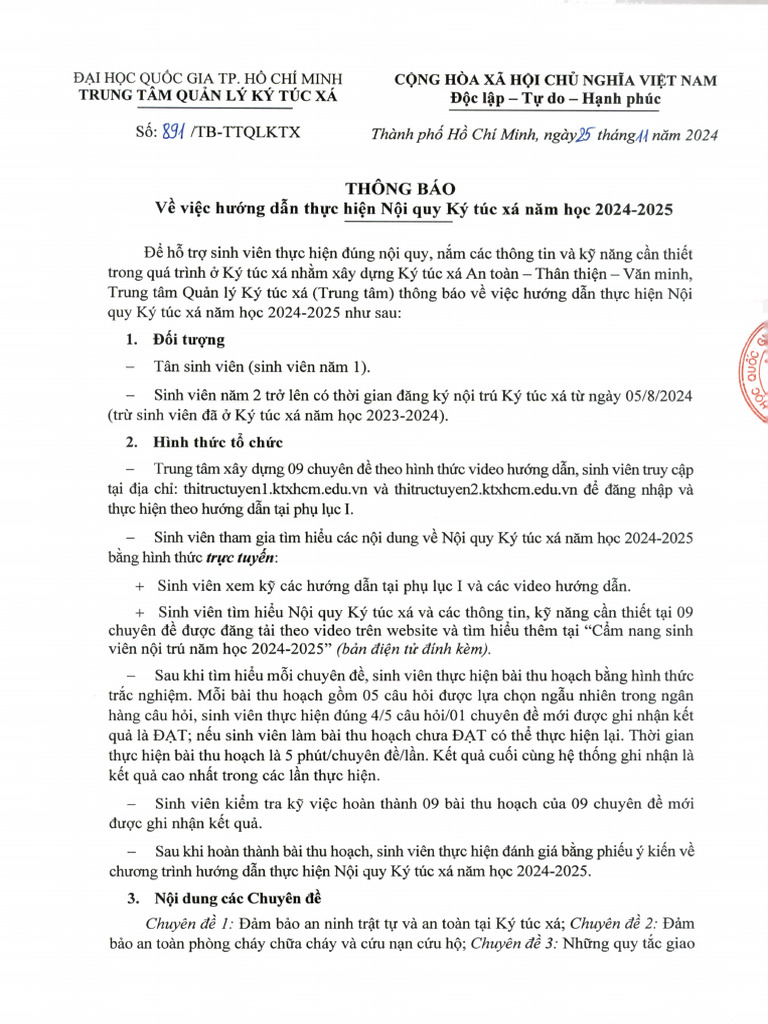 891-TB Huong Dan Thuc Hien Noi Quy KTX NH 2024-2025 | PDF