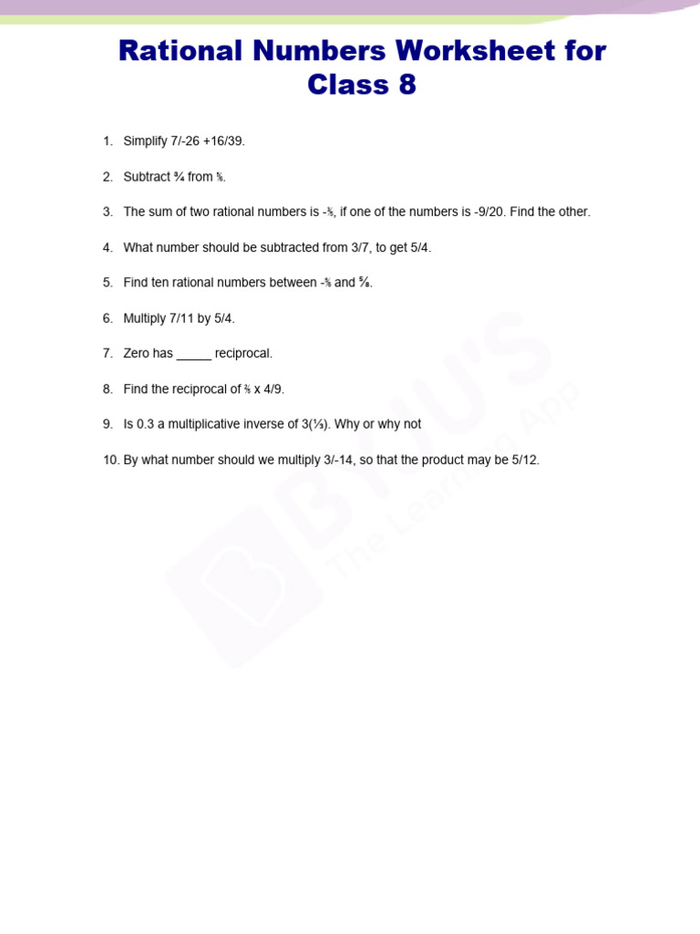 Class 8 Rational Numbers Worksheet | PDF