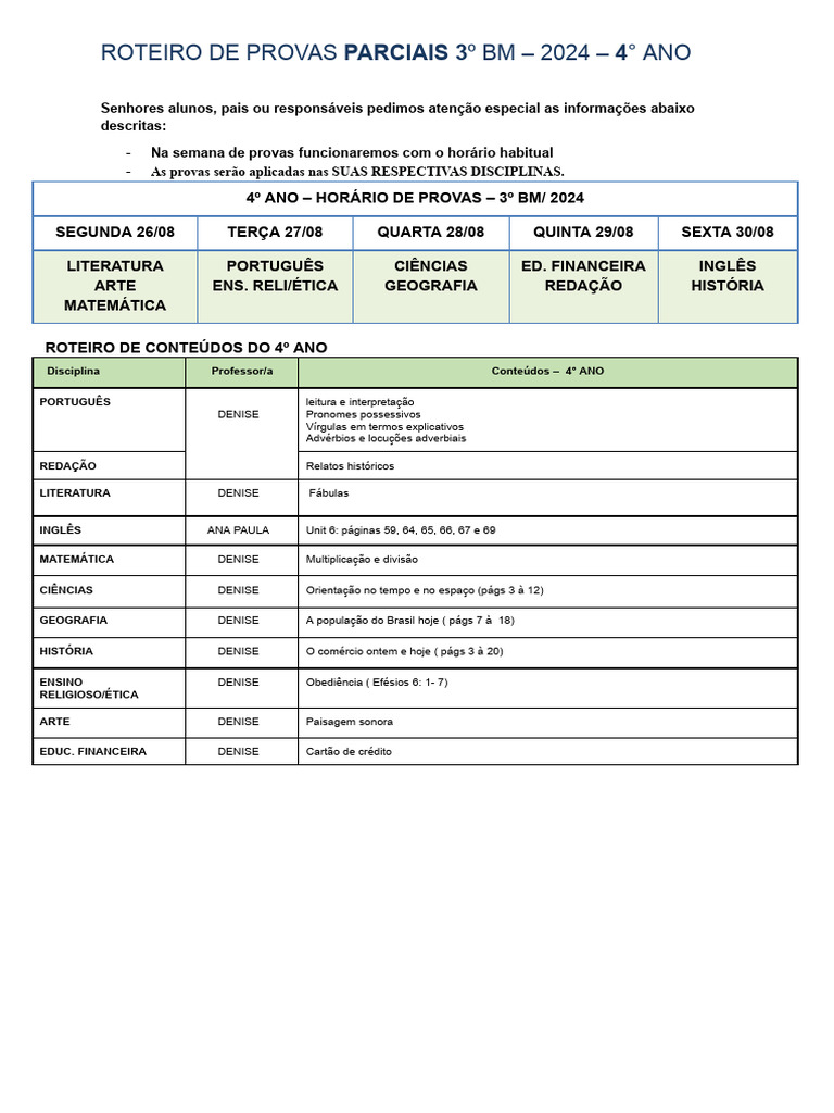 Roteiro de Provas Parciais 3º BM - 2024 | PDF | Geografia | Portugal