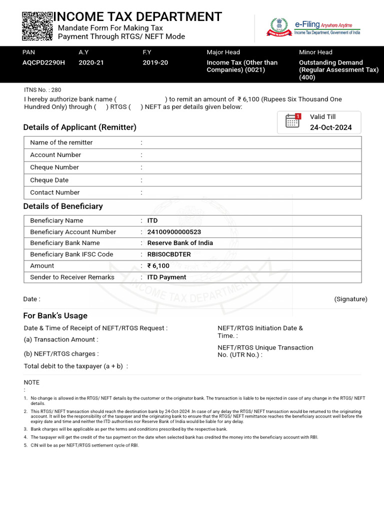 Income Tax RTGS/NEFT Payment Form | PDF | Government Finances | Payments