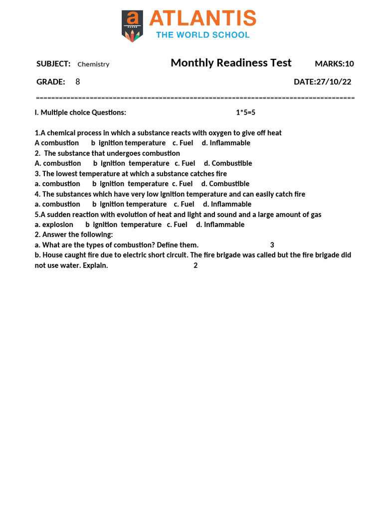 Grade 8 Chemistry Readiness Test | PDF