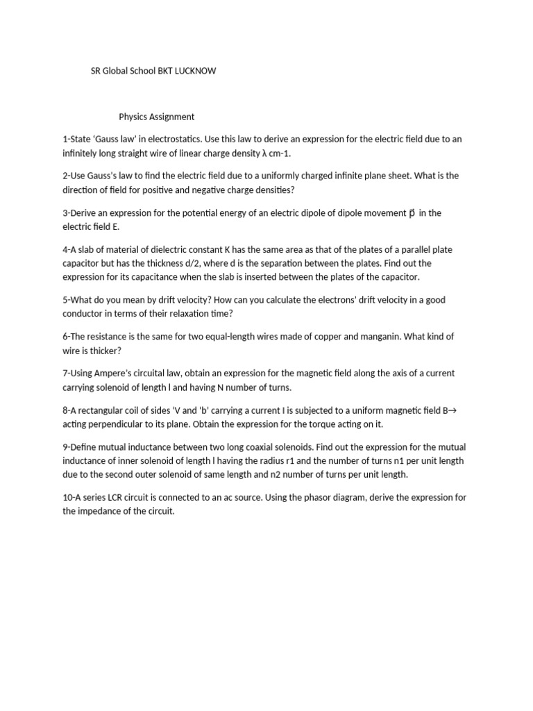 Physics Assignment Class Xii | PDF